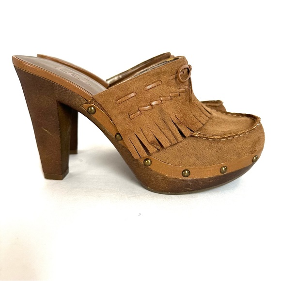 lei | Shoes | 9s Y2k Lei Boho Faux Brown Suede Fringe Moc Toe Mules ...